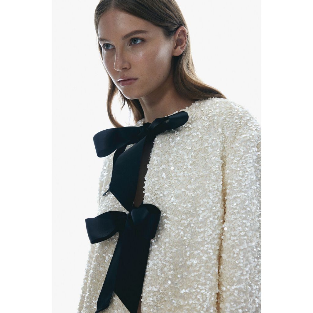 H&M Women Sequined bow-front jacket 1258249_1 | Shopee Thailand
