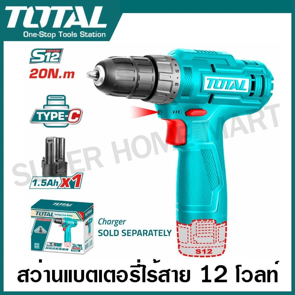 Total สว่านแบตเตอรี่ 20 N.m ไร้สาย 12 โวลท์ รุ่น TDLI12428 / TDLI12456 ...