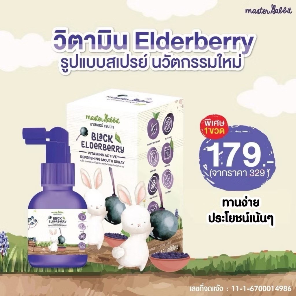 Master Rabbit วิตามิน สำหรับเด็ก รูปแบบสเปรย์ BLACK ELDERBERRY VITAMINS ACTIVE REFRESHING MOUTH ...