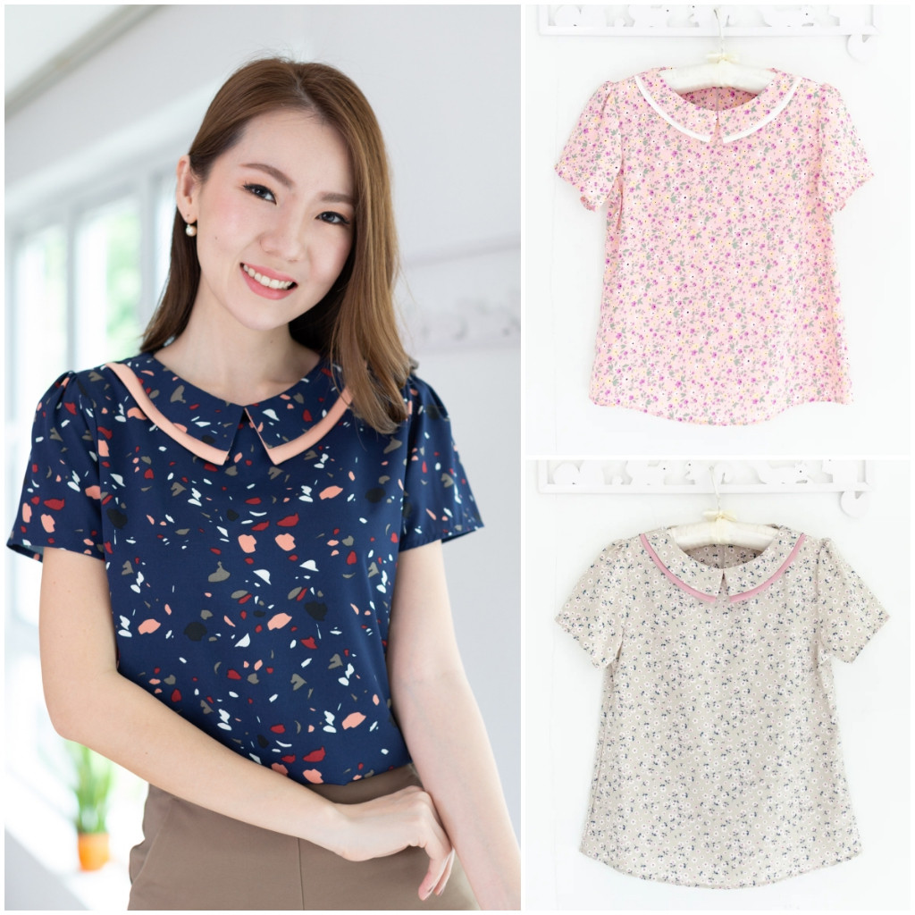 Narinari : NT2347 Double Collar Flower Blouse เสื้อทำงานปกซ้อน | Shopee Thailand