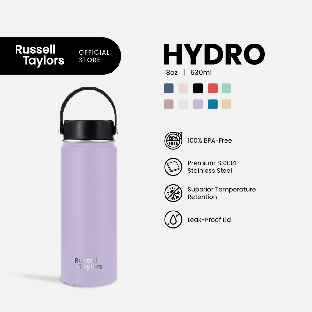 Russell Taylors HYDRO Water Bottle (530ml/18oz) ขวดน้ำ ปราศจาก BPA มีฉนวนกันความร้อน ป้องกันการ ...
