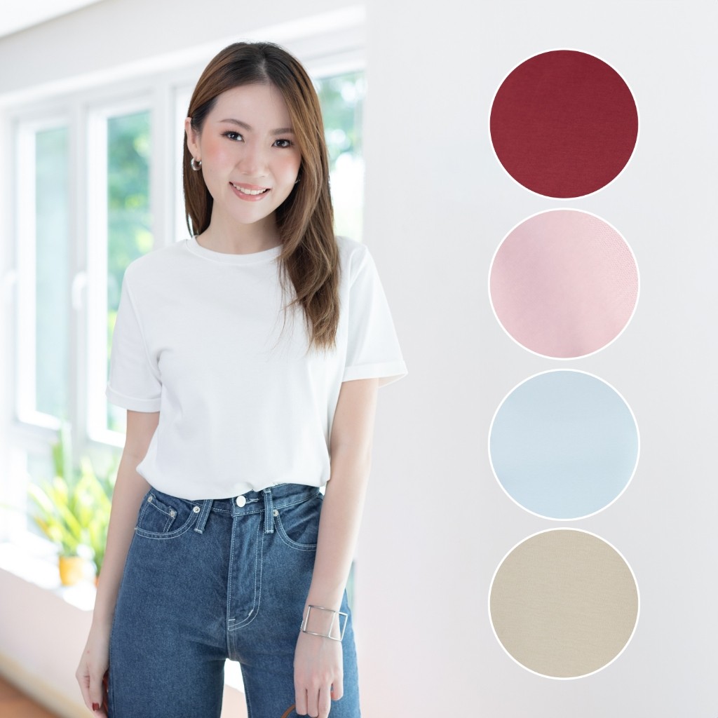 Narinari : NT2496 Essential Ease Tee เสื้อยืดคอกลม ใส่สบาย พับเย็บฟิกซ์ปลายแขน ปักตกแต่งอะไหล่ ...