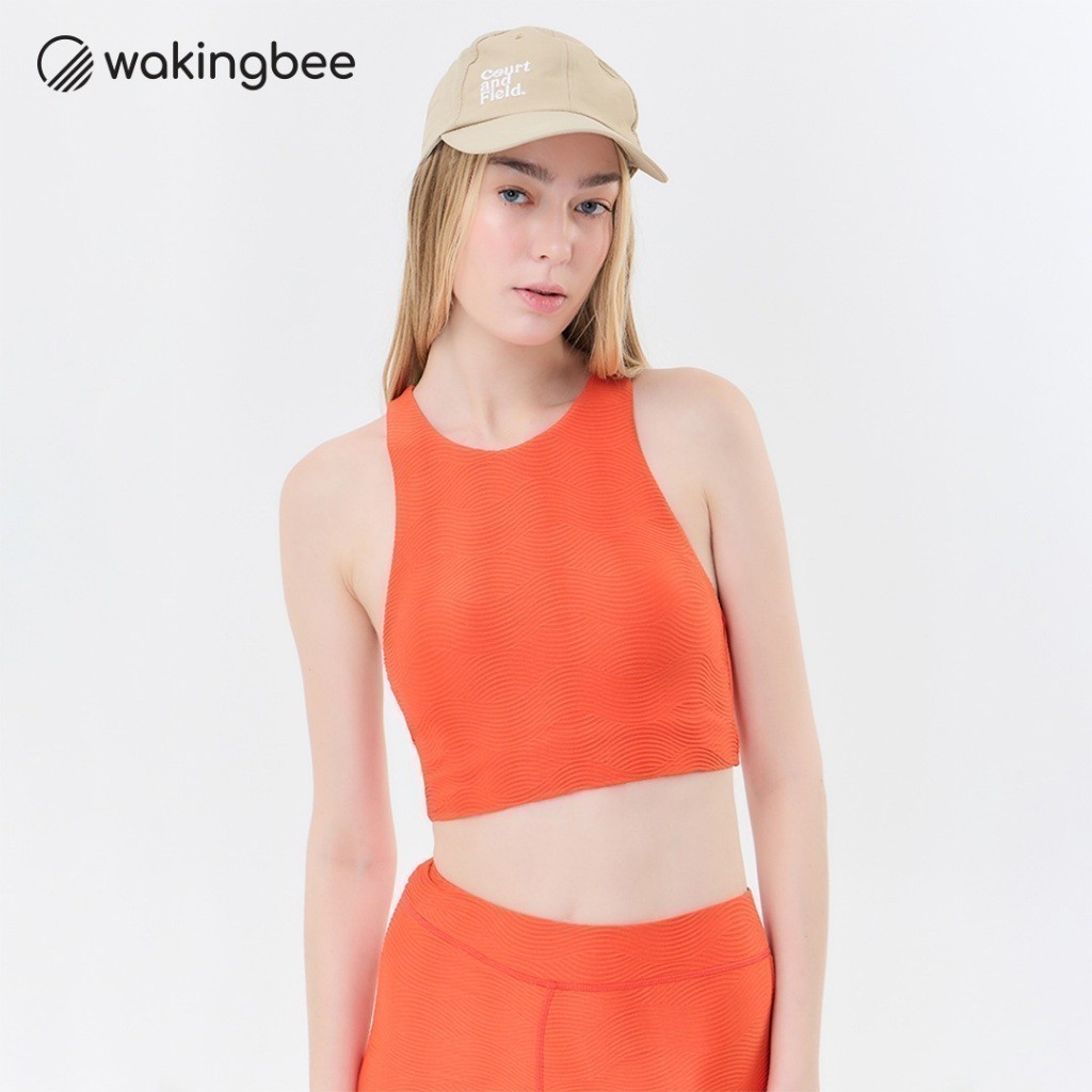 Wakingbee Ripple Crop (Tomato) บราว่ายน้ำทรงคร้อป พรางหุ่น เปิดหลังพร้อมสายไขว้ มีตะขอ ผ้ามีลาย ...