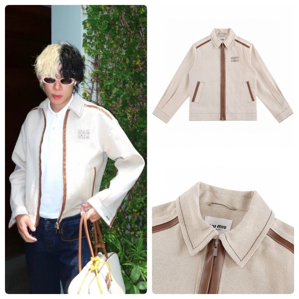 Pre order ราคา4500 Miumiu 630420 2024 New Canvas Patchwork Leather Double Zip Jacket เสื้อแจ็กเก ...