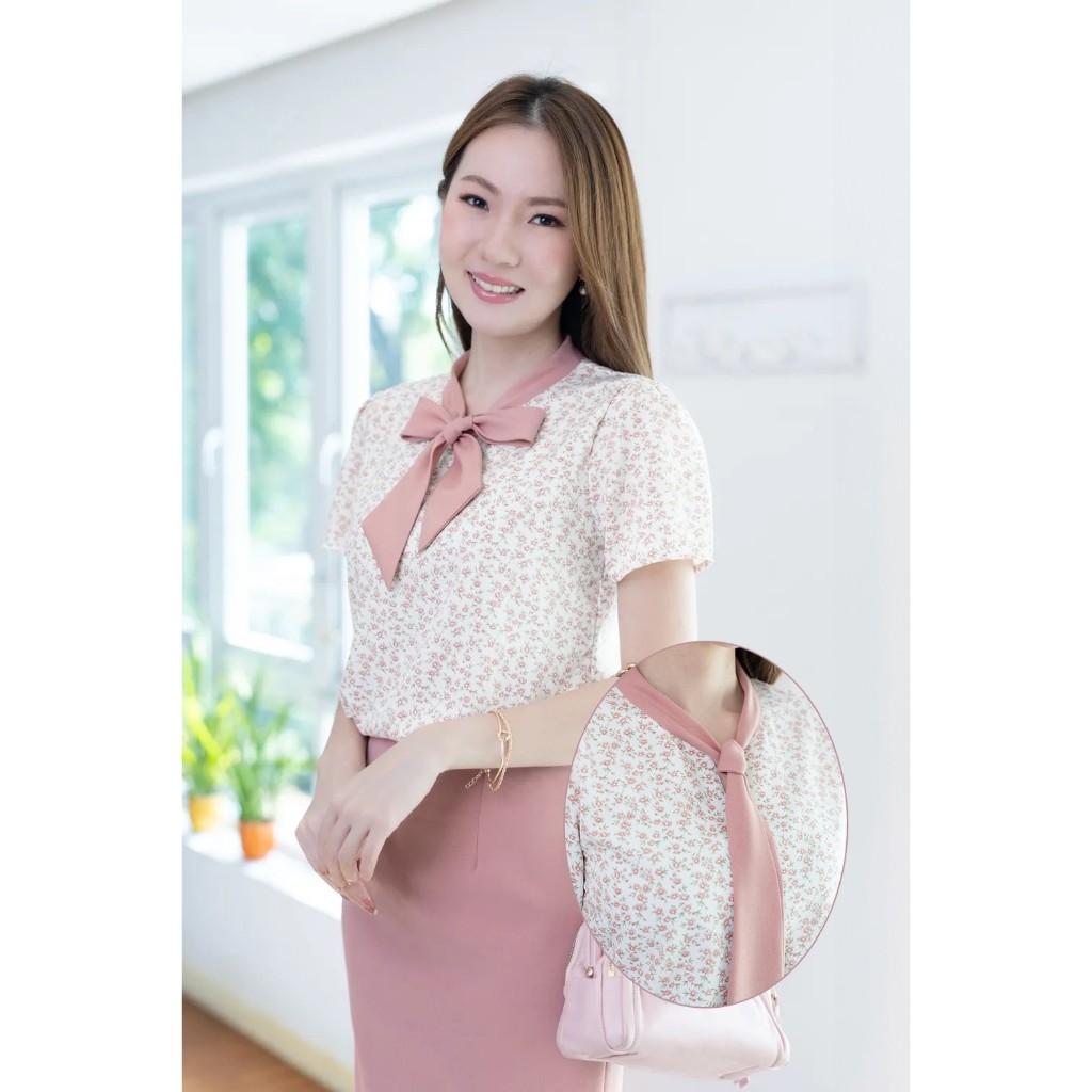 Narinari : NT2501 Bow Neckline Wildflower Blouse เสื้อทำงานลายดอกไม้ | Shopee Thailand