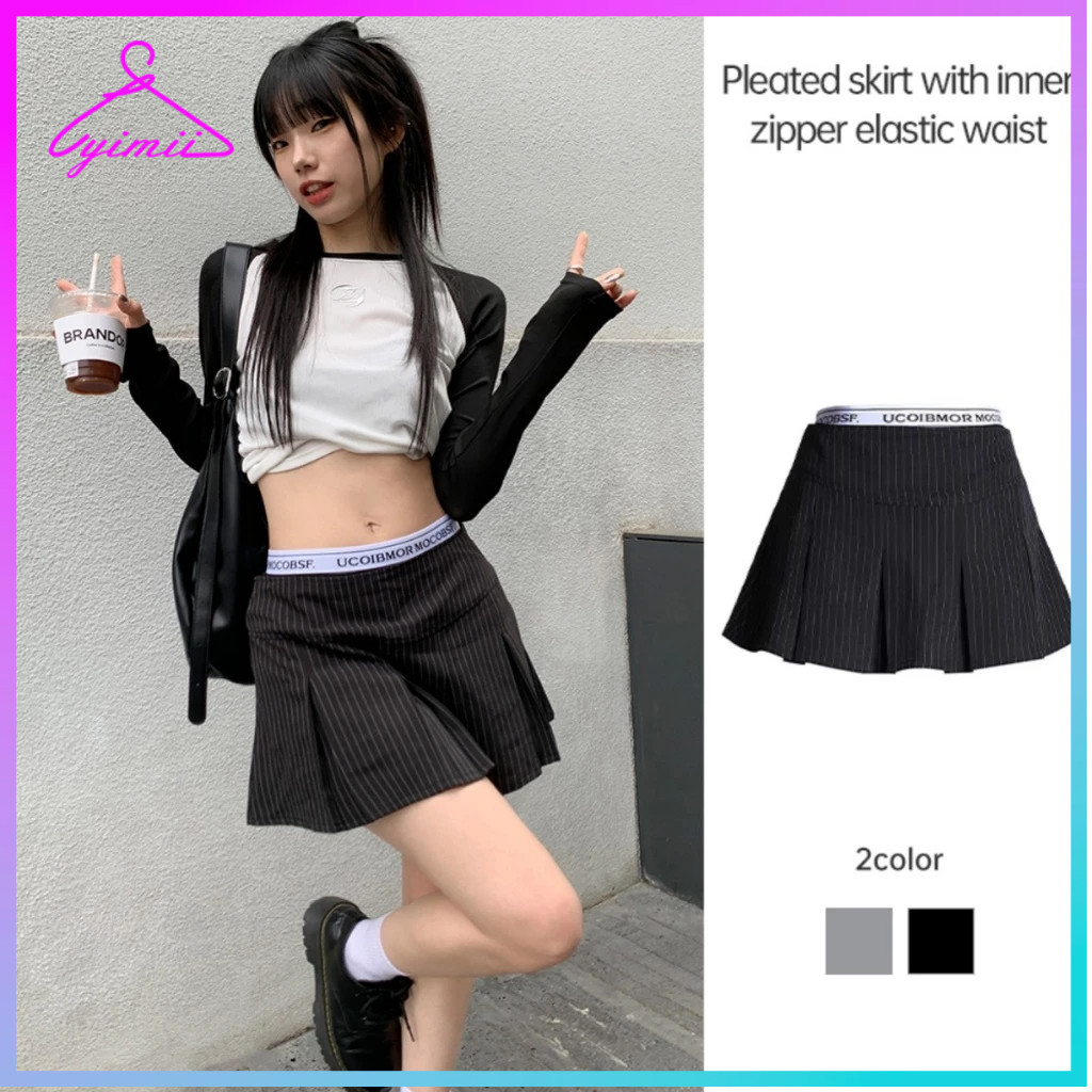 Yimii.th 】💃2สี กระโปรงสั้น กระโปรงสองชั้น เอวสูง ลายทางเอวยืด สไตล์Y2KY ...