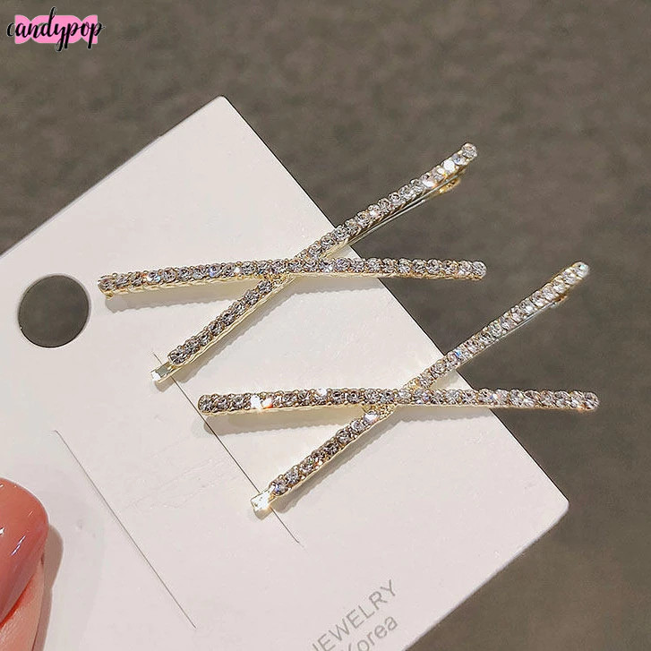 Candypop Temperament Hairpin Simple Cross Rhinestone Bangs Clip Edge ...