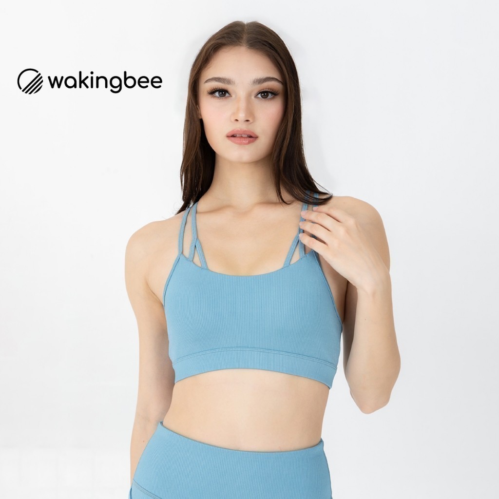 Wakingbee Trinity Rib Bra (Blue) สปอร์ตบรา ผ้าร่องพรีเมี่ยม ใส่ว่ายน้ำได้ กระชับ ผ้ากันยูวี แห้ง ...