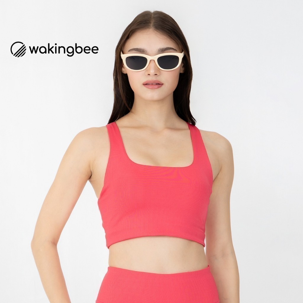 Wakingbee Rib Crop Bra (Raspberry) สปอร์ตบรา ทรงครอปยาว กระชับ ผ้าร่อง กันยูวี แห้งไว ยืดหยุ่นดี ...