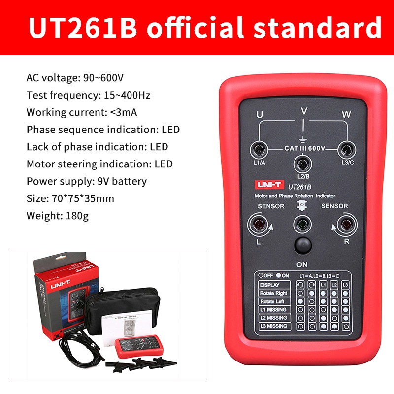 เครื่องทดสอบลําดับเฟส ลำดับเฟสและพวงมาลัยมอเตอร์ UNI-T UT261A phase ...