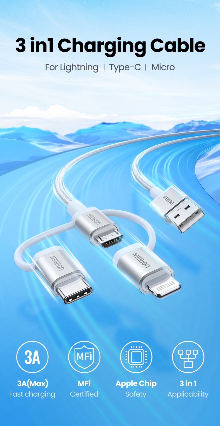 Ugreen 3 in 1 สายชาร์จ Micro USB Type-C Lightning Cable 3A สําหรับ ...