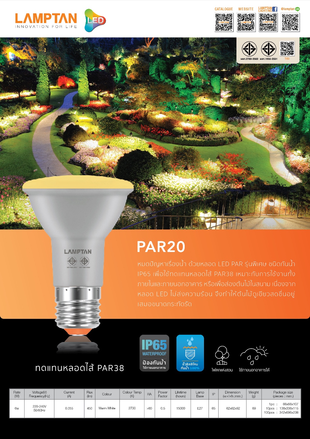 LAMPTAN หลอดไฟ LED Par20 6w แสงสีเหลือง IP65 กันน้ำ | Shopee Thailand