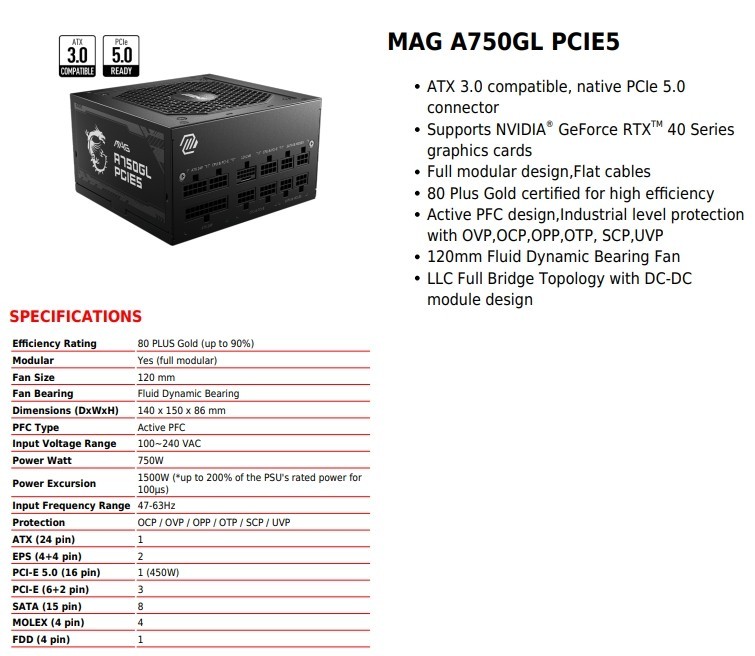 MSI MAG A750GL ATX 3.0 PCIE5 750W 80 Plus Gold (พาวเวอร์ซัพพลาย) POWER ...