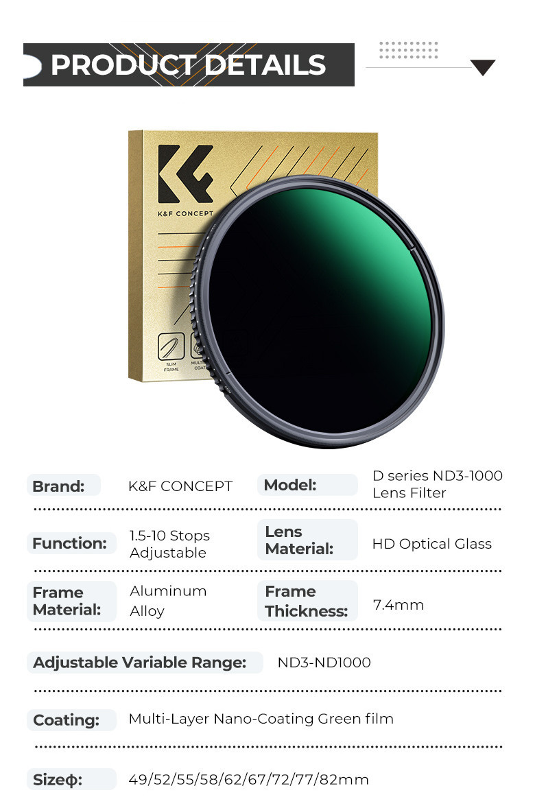 K&F CONCEPT ND3-1000 ฟิลเตอร์ ND แบบปรับได้บางเฉียบ ฟิล์มสีเขียวป้องกัน ...