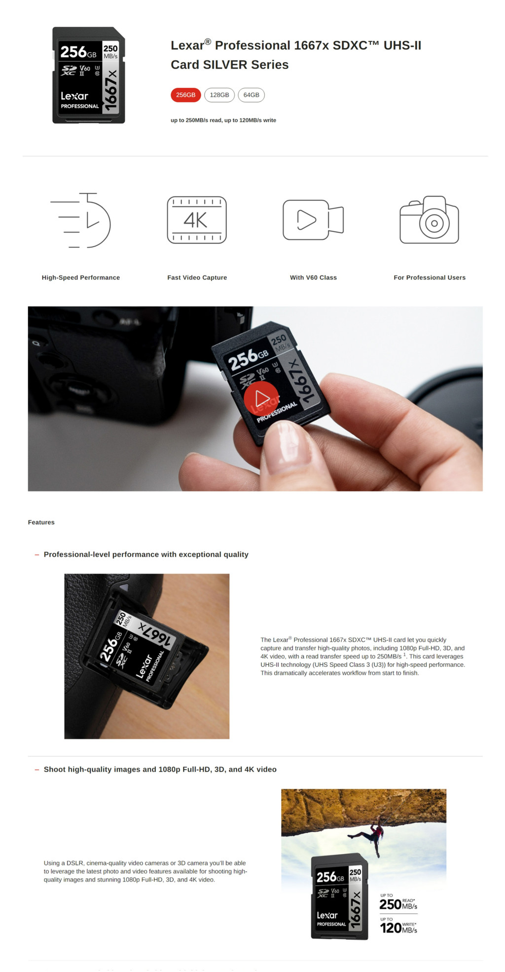 Lexar SD1667x 128GB UHS-II U3 V60 SDXC (เอสดีการ์ด) Full-HD 3D 4K RW250 ...