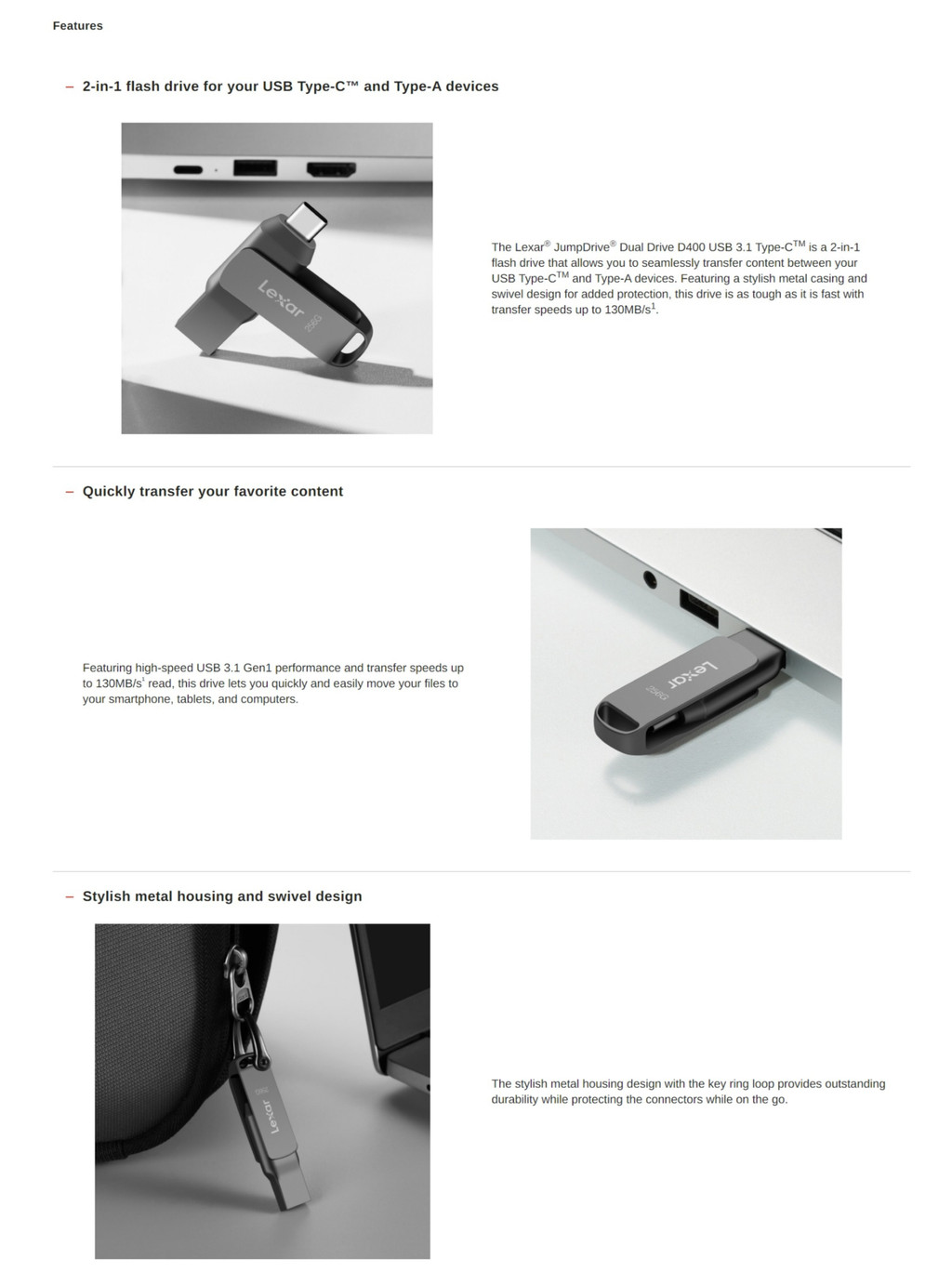 Lexar D400 64GB Dual USB Type-C/A USB 3.1 Flash Drive 2-in-1 (แฟลชไดร ...