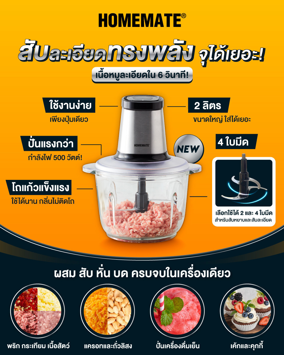 HOMEMATE เครื่องบดสับอาหาร 2 ลิตร รุ่น HOM-264101 | Shopee Thailand