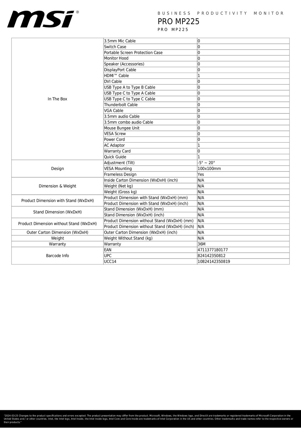 MSI PRO MP225 Monitor จอคอมพิวเตอร์ 21.5" (55 cm) 1920x1080 (FHD ...