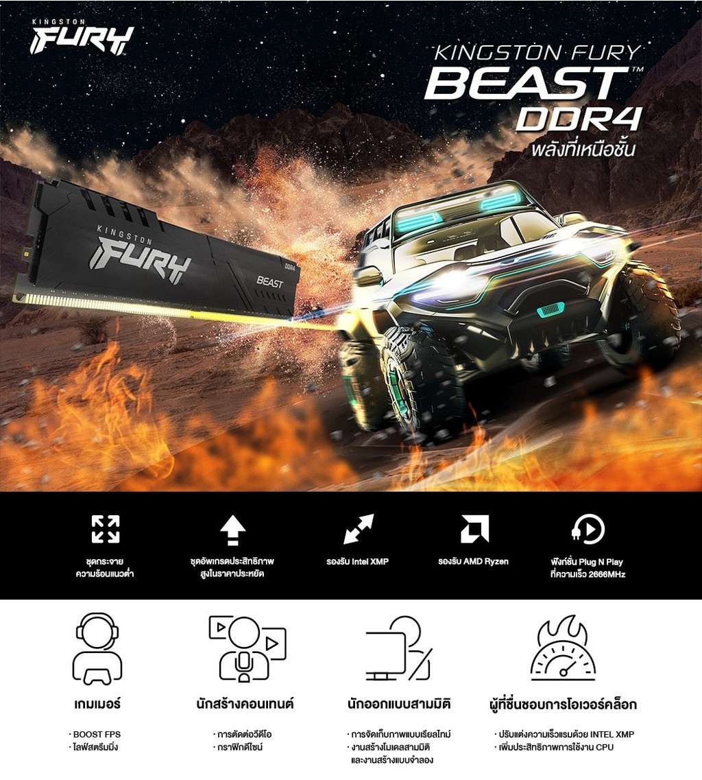 Kingston 32GB 3600MHz DDR4 FURY Beast Ram CL18 DIMM (Kit of 2) - (KF436C18BBK2/32) | Shopee Thailand