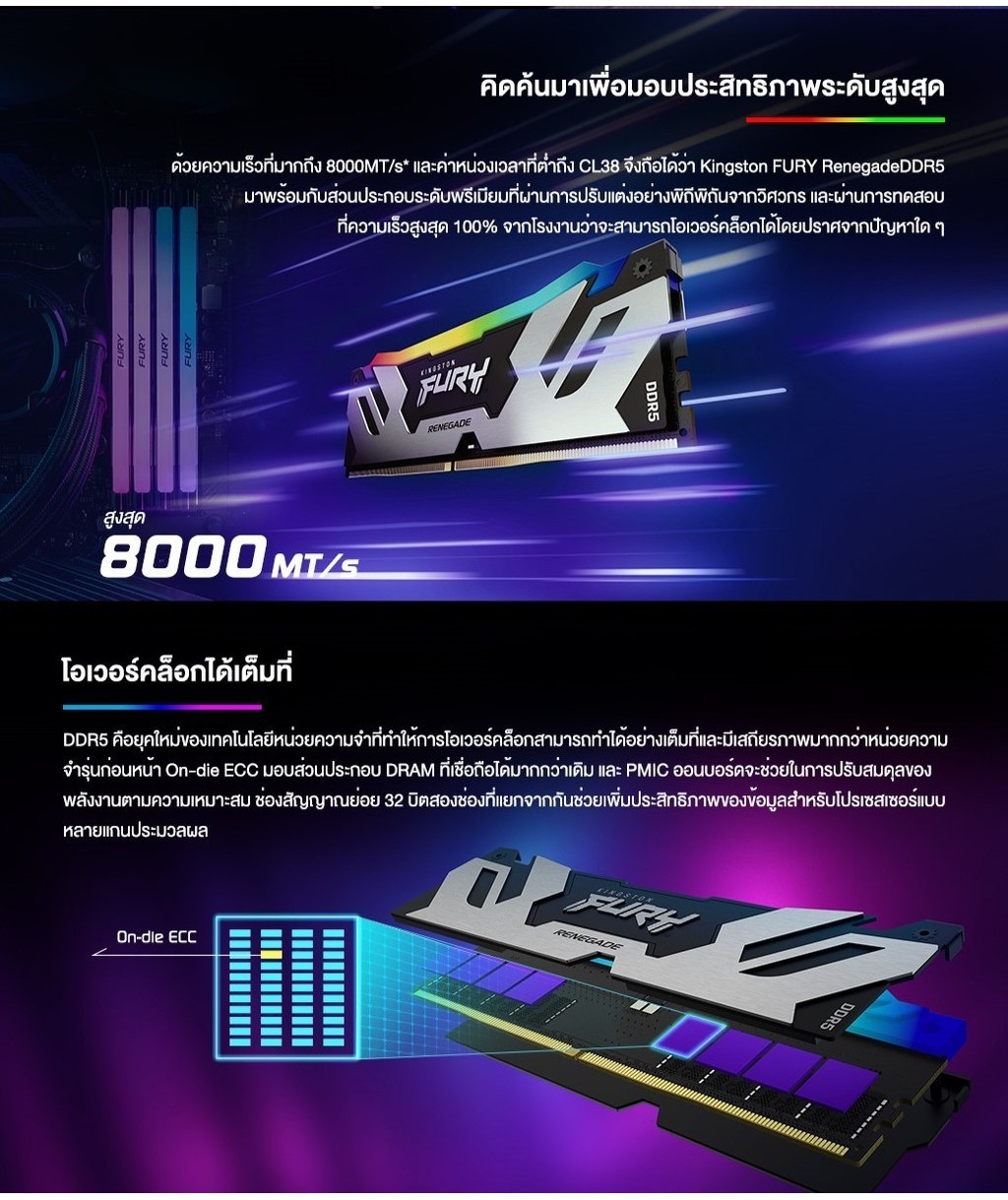 Kingston FURY Renegade DDR5 RGB 64GB (2x32GB) 6400MT/s CL32 (KF564C32RSAK2-64 ) - หน่วยความจำ ...
