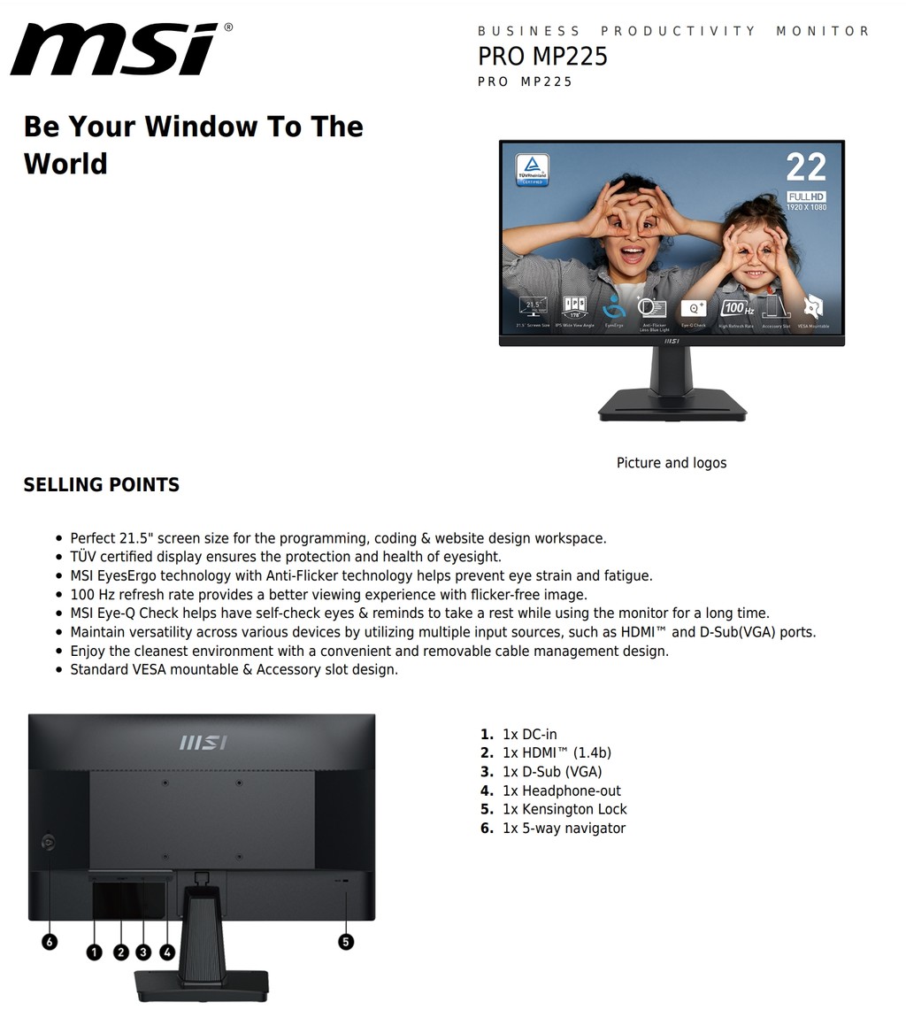 MSI PRO MP225 Monitor จอคอมพิวเตอร์ 21.5" (55 cm) 1920x1080 (FHD ...