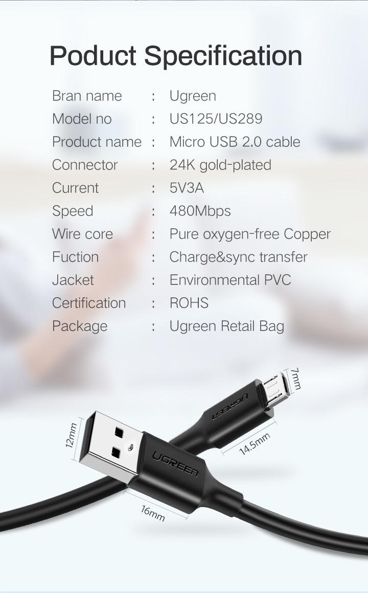UGREEN รุ่น US289 สายชาร์จ 2A Micro USB to USB 2.0 Charger Cable data speed 480Mbps 0.25-2M ...