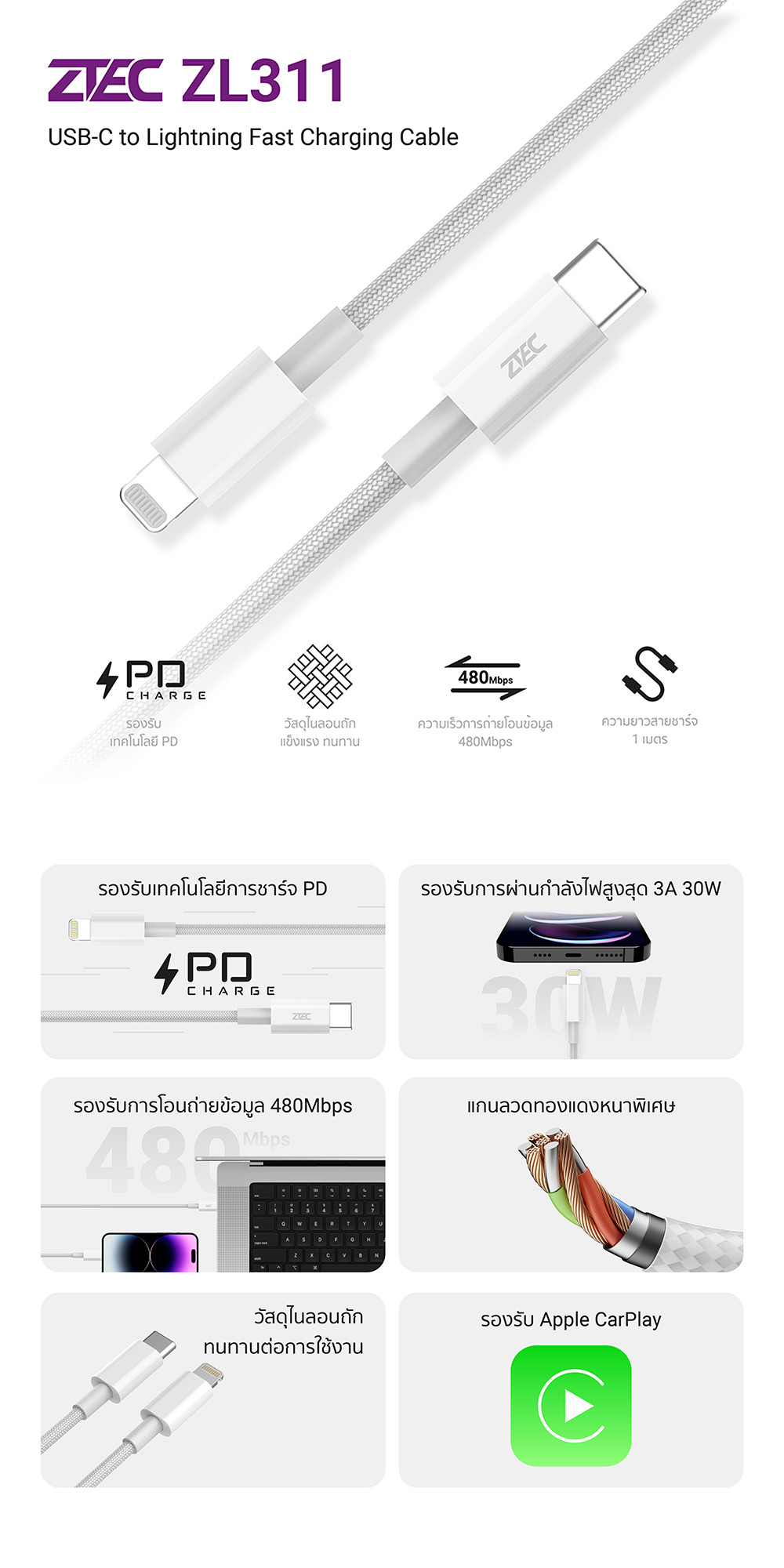 [ลดเหลือ 178] ZTEC ZL311 / ZL331 / ZL221 / ZL321 / ZL312 MFI สายชาร์จ C to Lightning 3A รองรับ ...