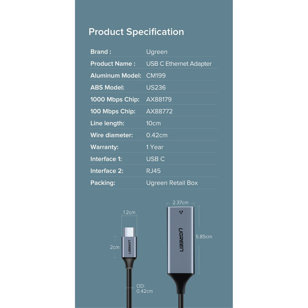 UGREEN รุ่น 50737 หางหนู Type C to LAN Adapter Gigabit RJ45 รองรับความ ...