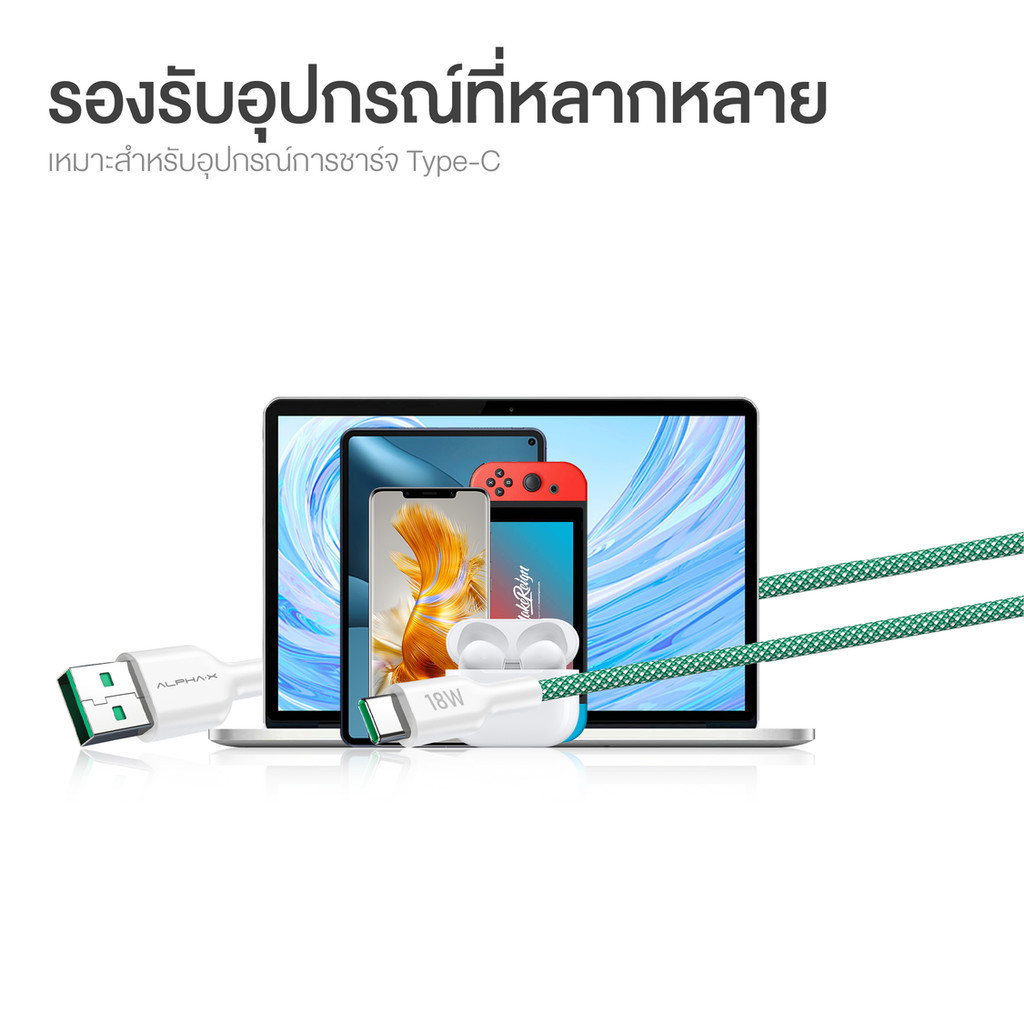 ALPHA X สายชาร์จเร็ว รุ่นALUSB-2C/2L USB A / Type C / L-Cable ยาว 1.2ม. ...