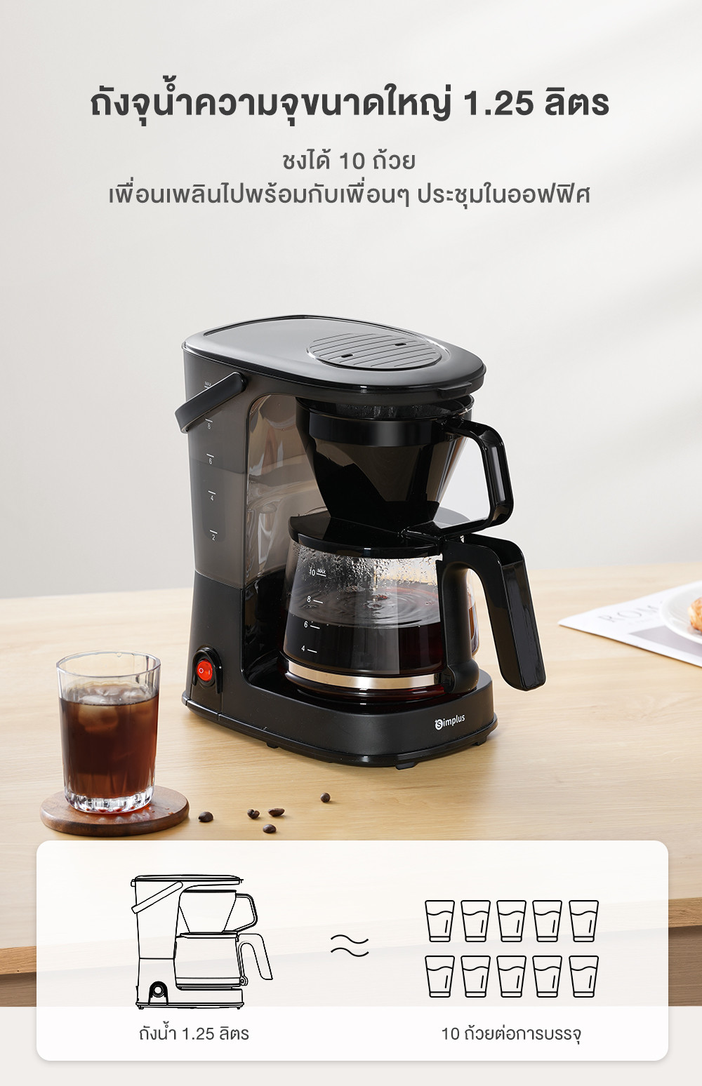 Simplus QuickBrew เครื่องกรองกาแฟดริป เครื่องชงกาแฟ ความจุขนาดใหญ่ 1.25 ลิตร ตัวกรองหยดอัตโนมัติ ...