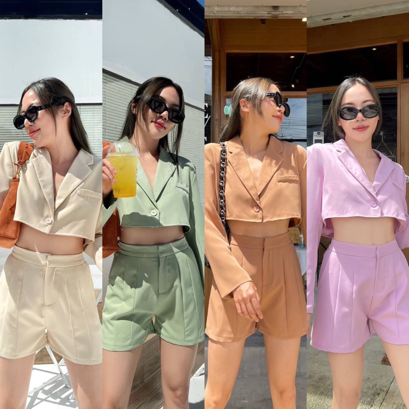 CATHY SET | ชุดเซทสูททรงครอป แมทช์คู่กับกางเกงขาสั้น so cuteeeee สุดๆ ลุคนี้คือตายไปเลย | Shopee ...