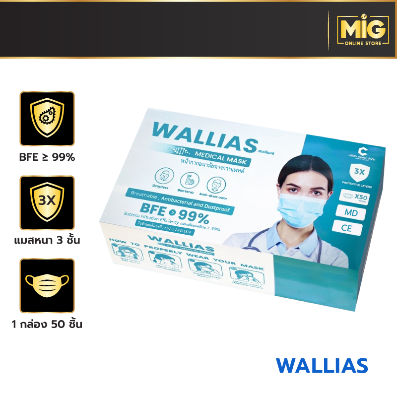 Wallias หน้ากากอนามัยทางการแพทย์ หนา 3 ชั้น ป้องกันแบคทีเรียได้ถึง 99% 1 กล่องบรรจุ 50 ชิ้น ...