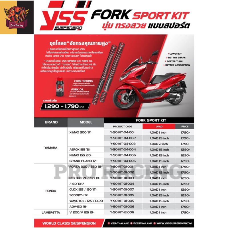 ชุดโหลดหน้า YSS FORK SPORT KIT Forza300/350 ‘18> /Pcx160/150 13> /Nmax155 ‘20> /Aerox155 ‘21 ...