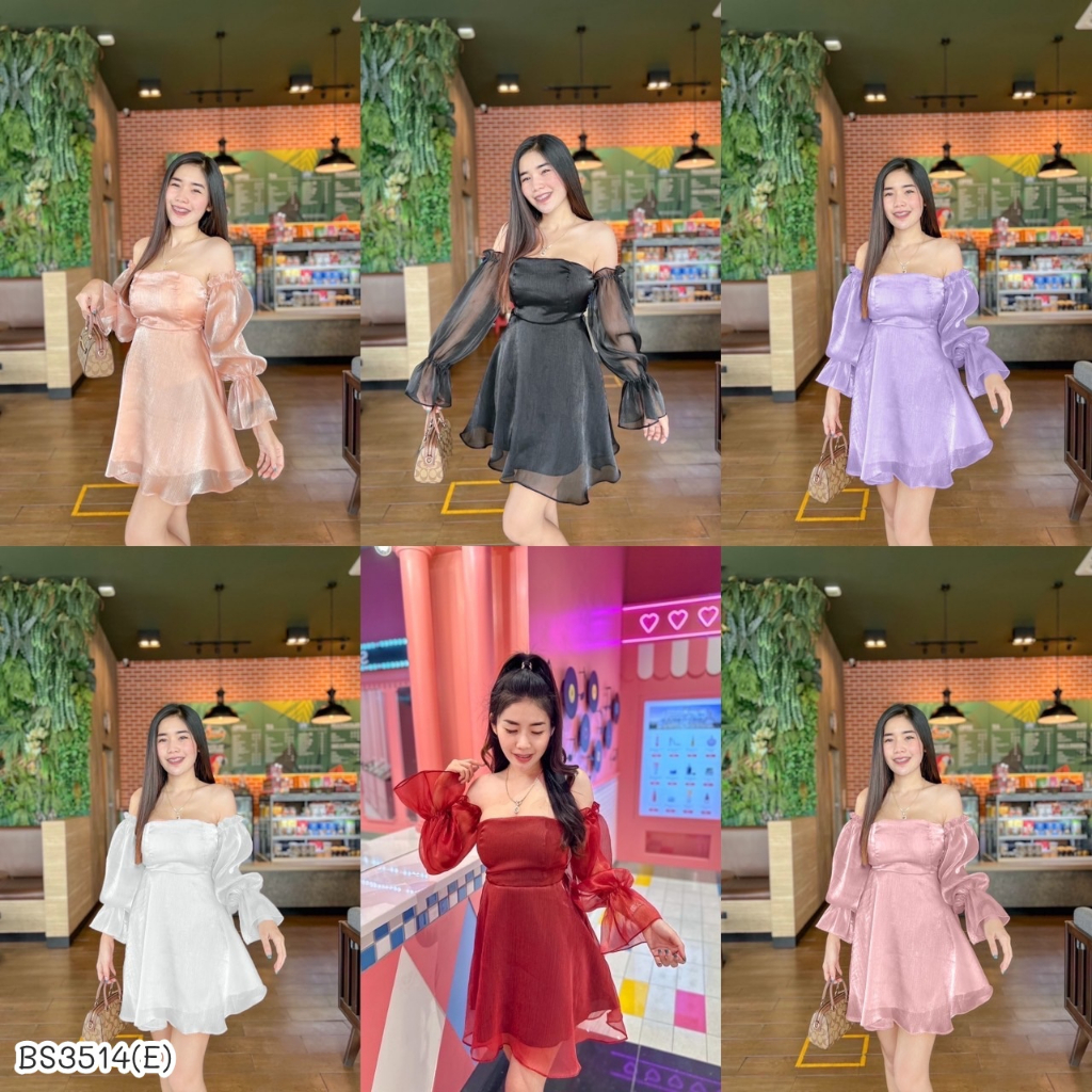 BS3514 เดรสเกาะอก แขนพอง แขนยาว ผ้าซีทรูมีซับทั้งตัว อกเสริมพองน้ำ ...