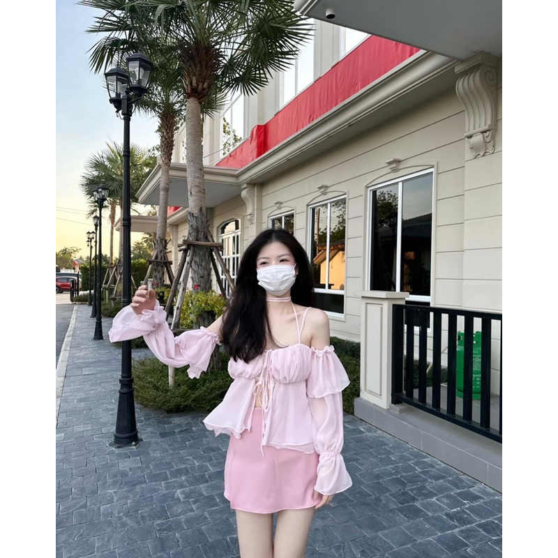 Adele Pink🌷🌸💕👛🦩 เซ็ตเสื้อชีฟองกับกระโปรงกางเกงค่ะ Ad Pink Shopee Thailand