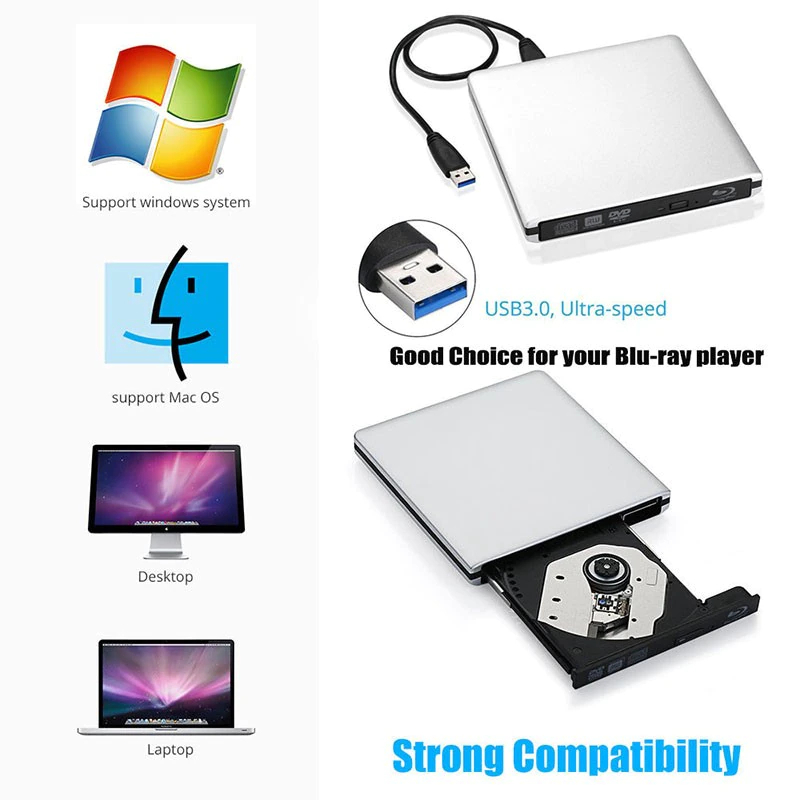 External Blu-Ray Burner Drive USB3.0 DVD Players 3D Slim Optical Drive ...