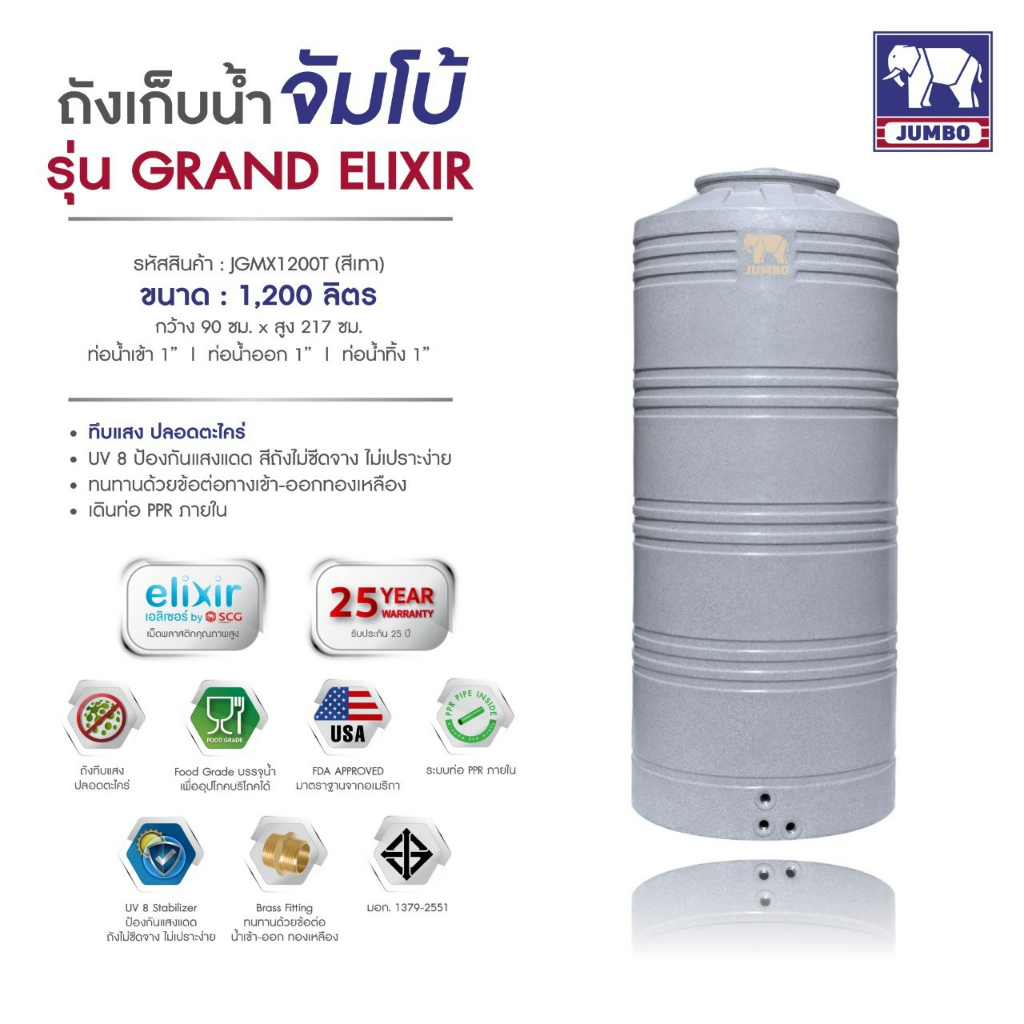 ถังเก็บน้ำ Jumbo (PE) รุ่นGrand Elixir ชนิดระบบเดินท่อภายใน รับประกัน 25ปี ฟรีลูกลอย 1 นิ้ว ...