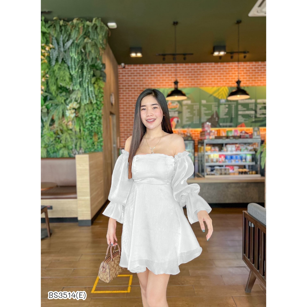 BS3514 เดรสเกาะอก แขนพอง แขนยาว ผ้าซีทรูมีซับทั้งตัว อกเสริมพองน้ำ ...