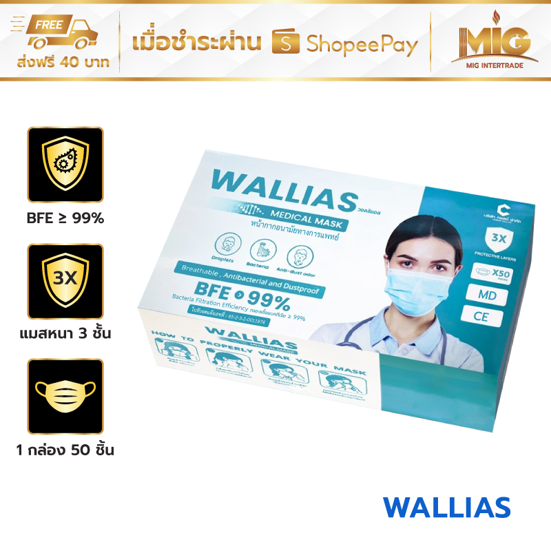 Wallias หน้ากากอนามัยทางการแพทย์ หนา 3 ชั้น ป้องกันแบคทีเรียได้ถึง 99% 1 กล่องบรรจุ 50 ชิ้น ...