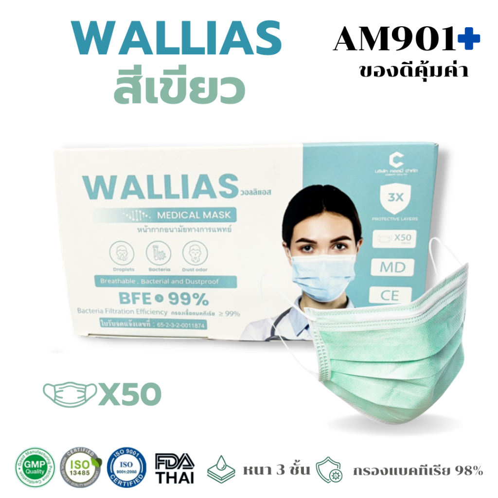 หน้ากากอนามัย ทางการแพทย์ mask กันฝุ่นPM2.5 (สีเขียว40กล่อง 2,000ชิ้น) Wallias Medical Mask 3 ...