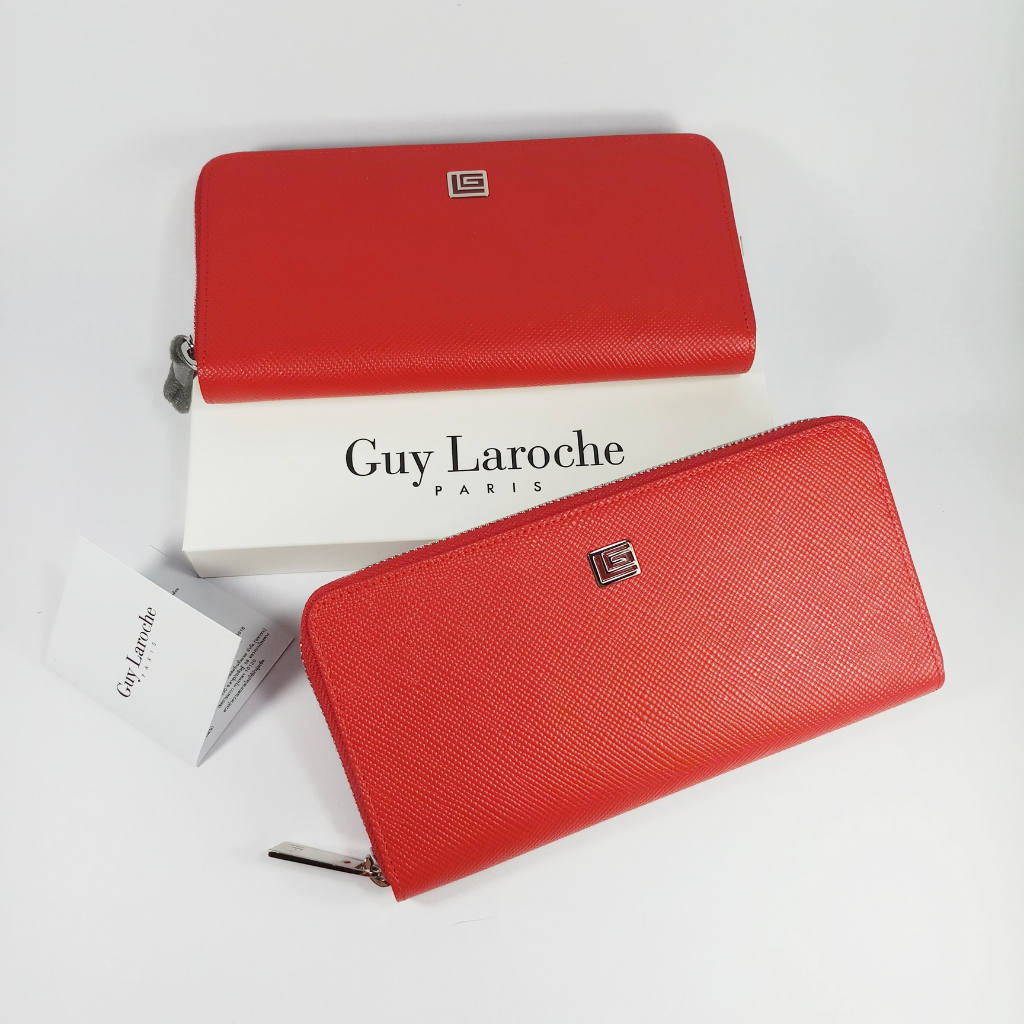 Guy Laroche กระเป๋าสตางค์ผู้หญิงใบยาว ซิปรอบ สีแดง หนังลาย อะไหล่สีเงิน หนังแท้ 100% | Shopee ...