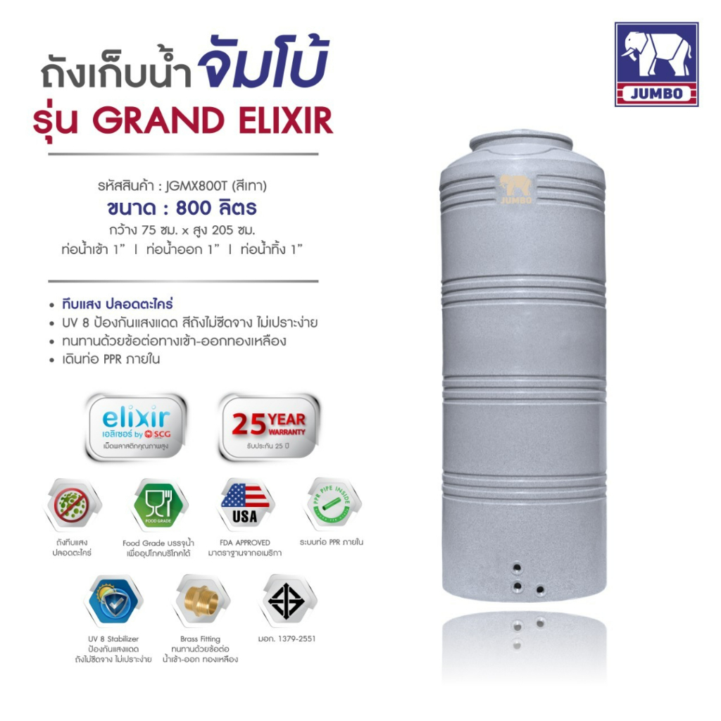 ถังเก็บน้ำ Jumbo (PE) รุ่นGrand Elixir ชนิดระบบเดินท่อภายใน รับประกัน 25ปี ฟรีลูกลอย 1 นิ้ว ...