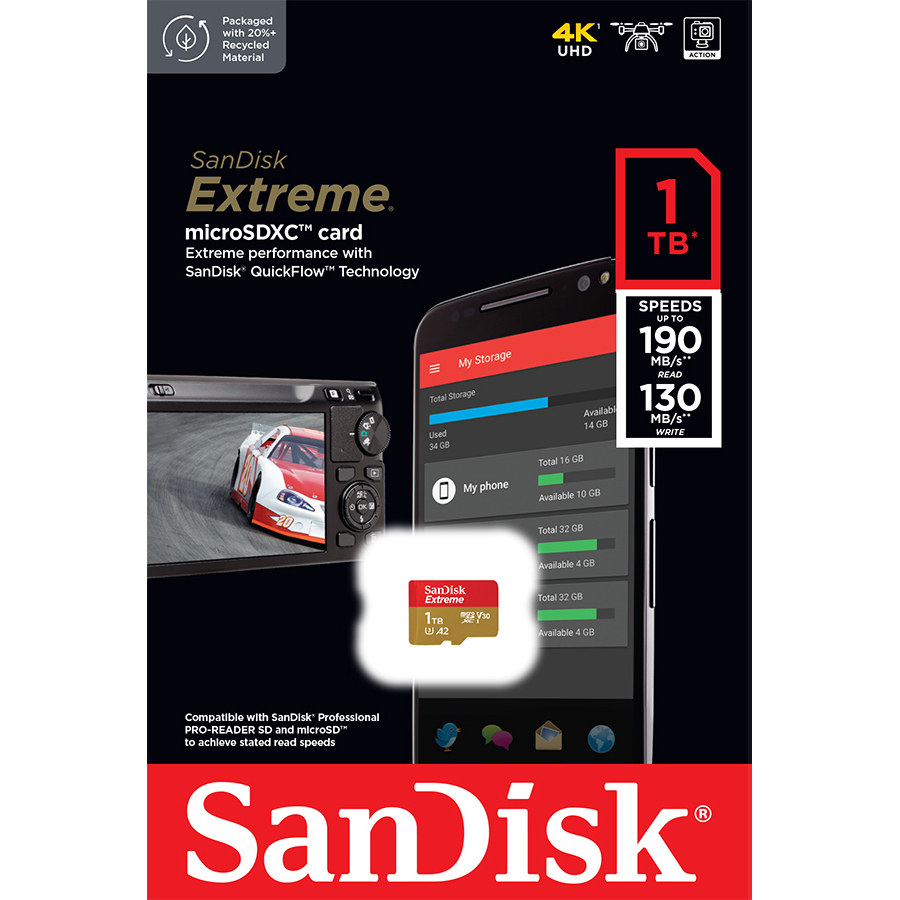 SanDisk Extreme microSDXC Card V30 U3 1TB 190MB/s R, 130MB/s W ( SDSQXAV-1T00-GN6MN) Mobile ...