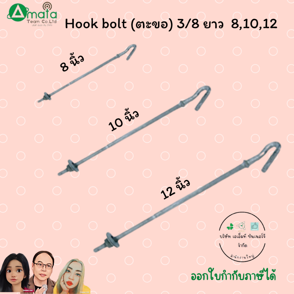 AMA Hook bolt (ตะขอ) 3/8 ยาว 8/10 /12 (10 ตัว) (F)* ตะขอแหวนสายโทรศัพท์ ...