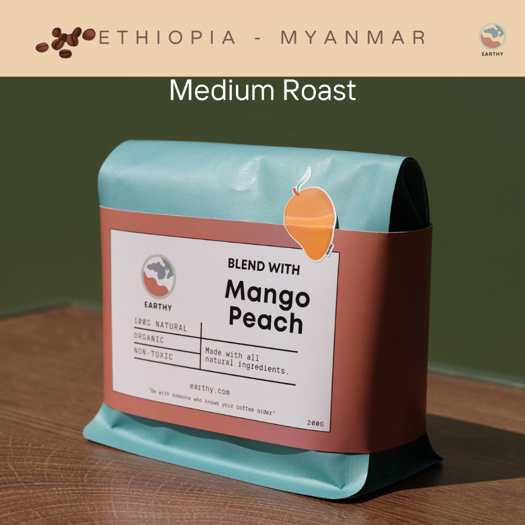 Earthy เมล็ดกาแฟคั่ว แต่งกลิ่้น แมงโก้พีช Our Mango Peach infused ...