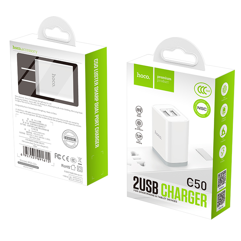 Hoco C50 Charger หัวชาร์จ/ชุดชาร์จ USB 2 ช่อง ทนทาน จ่ายไฟ 2.1A ...