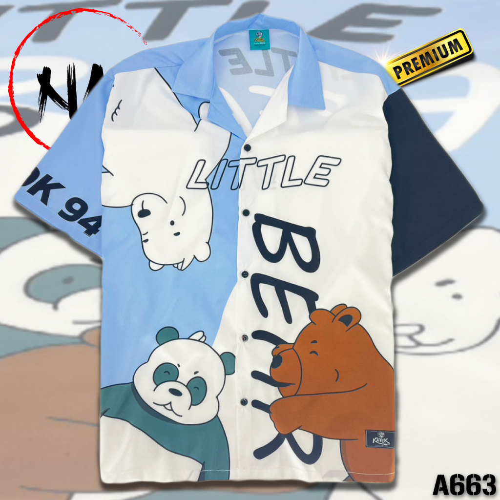 เสื้อฮาวาย หมี 3 ตัว ฟ้าขาว A663 ผ้าไหมอิตาลี | Shopee Thailand
