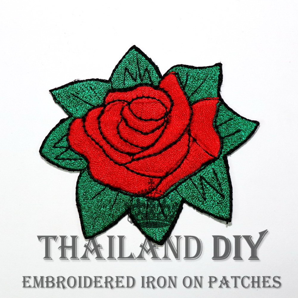 ตัวรีดติดเสื้อ ลาย ดอกกุหลาบ งานปัก ดอกไม้ สีแดง Red Rose Patch DIY WOP ตัวรีด อาร์มติดเสื้อ ...