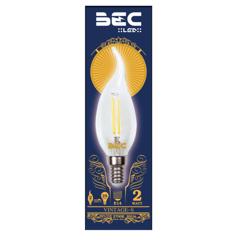BEC หลอดไฟ LED Candle Filament 2W E14 แสงวอร์มไวท์ (แสงเหลือง) | Shopee ...