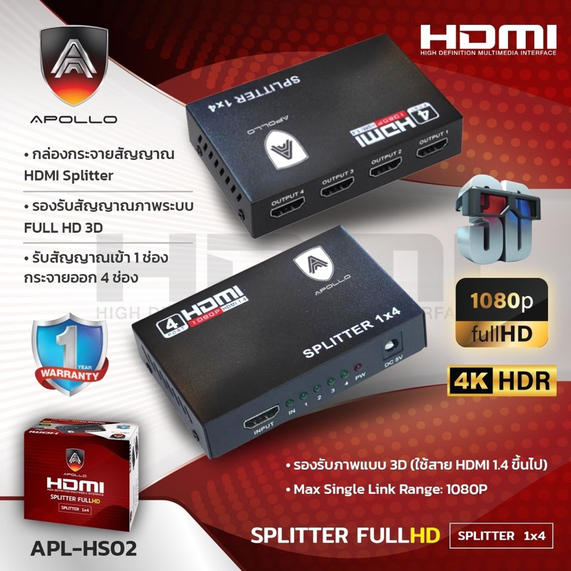 กล่องกระจายสัญญาณ HDMI Splitter HDMI 1 OUT 4 ยี่ห้อ APOLLO | Shopee Thailand